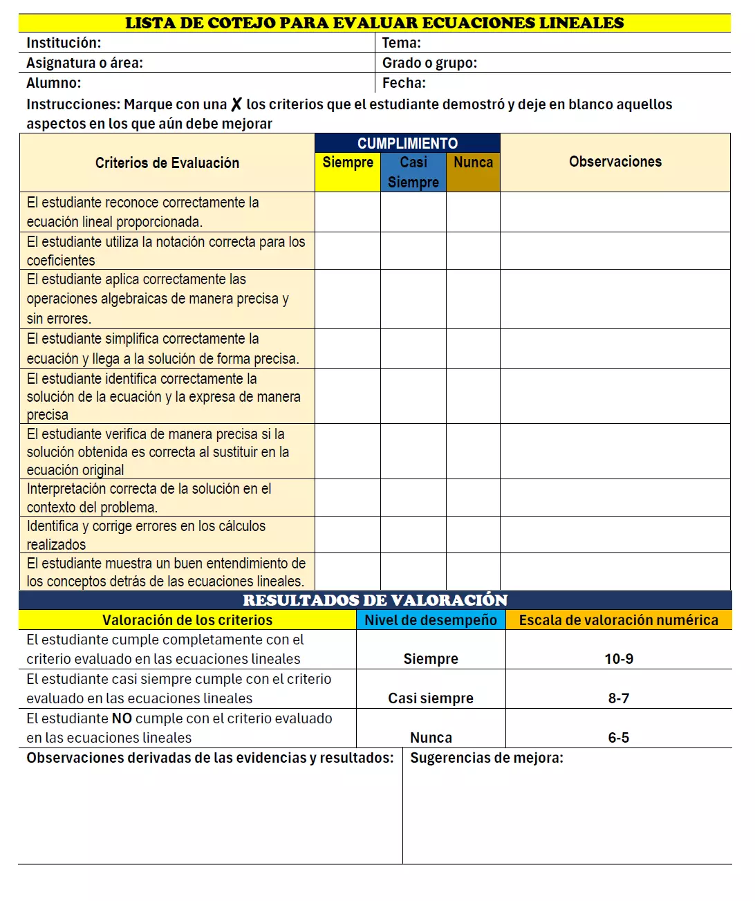Lista de cotejo para evaluar ecuaciones lineales - GUÍA DE APRENDIZAJE