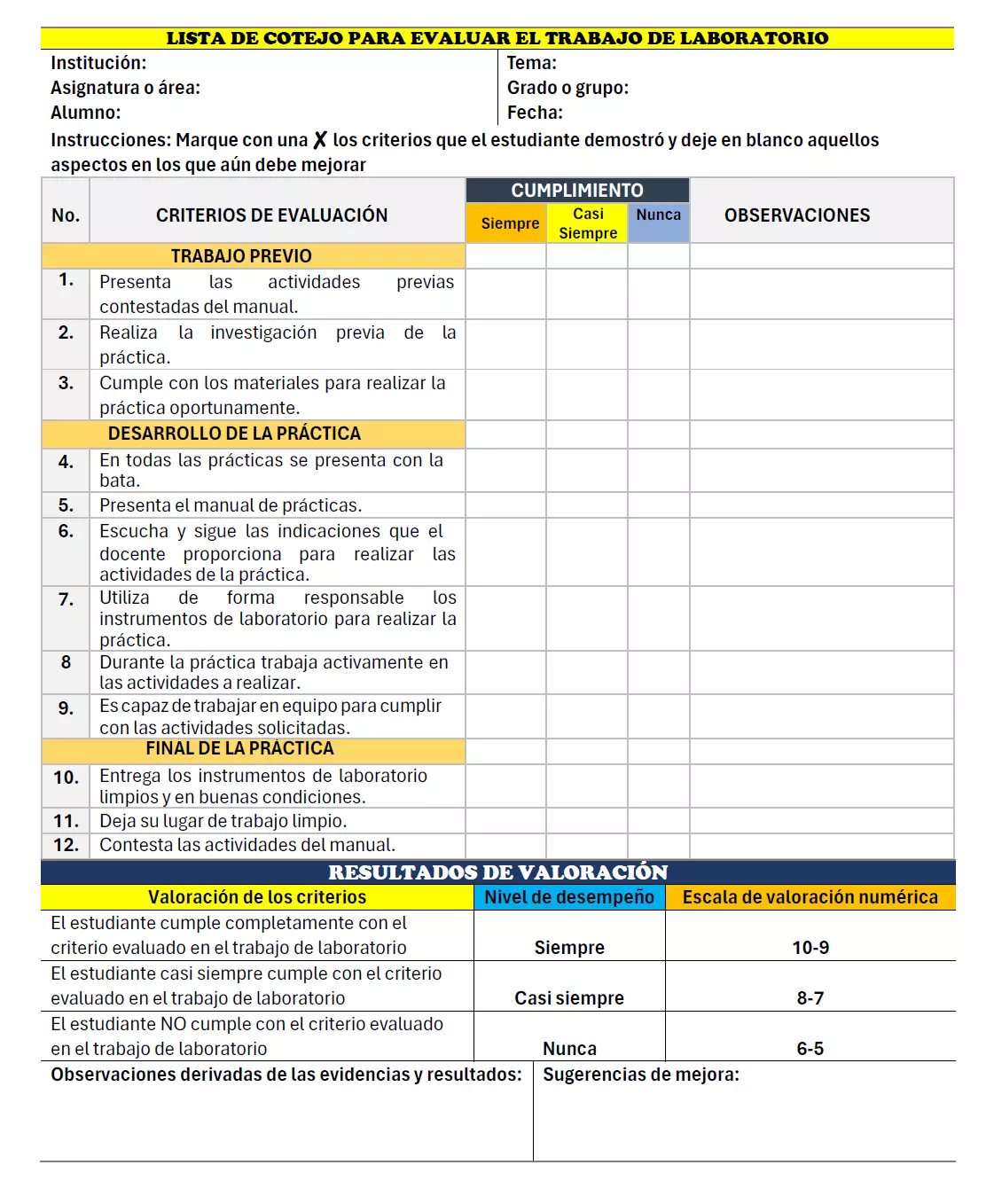 Lista de cotejo para evaluar el trabajo de laboratorio - GUÍA DE ...